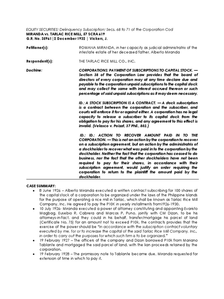 MIRANDA vs. TARLAC RICE MILL | PDF | Corporations | Stocks