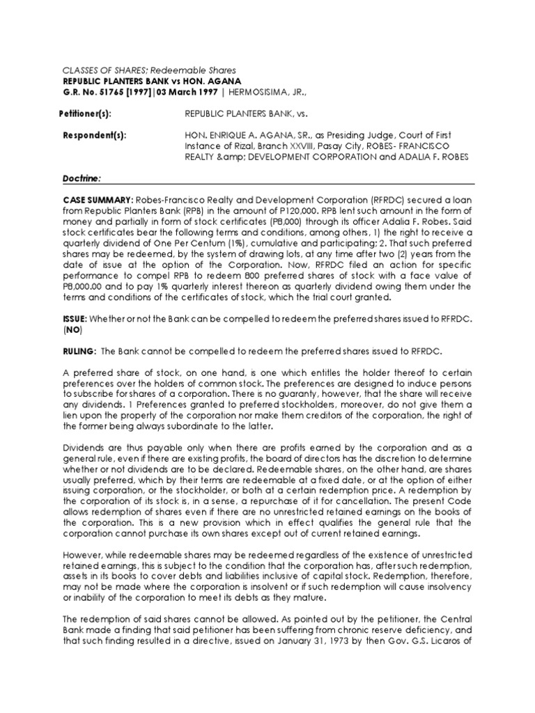 Redeemable Shares in Banking Law Case | PDF