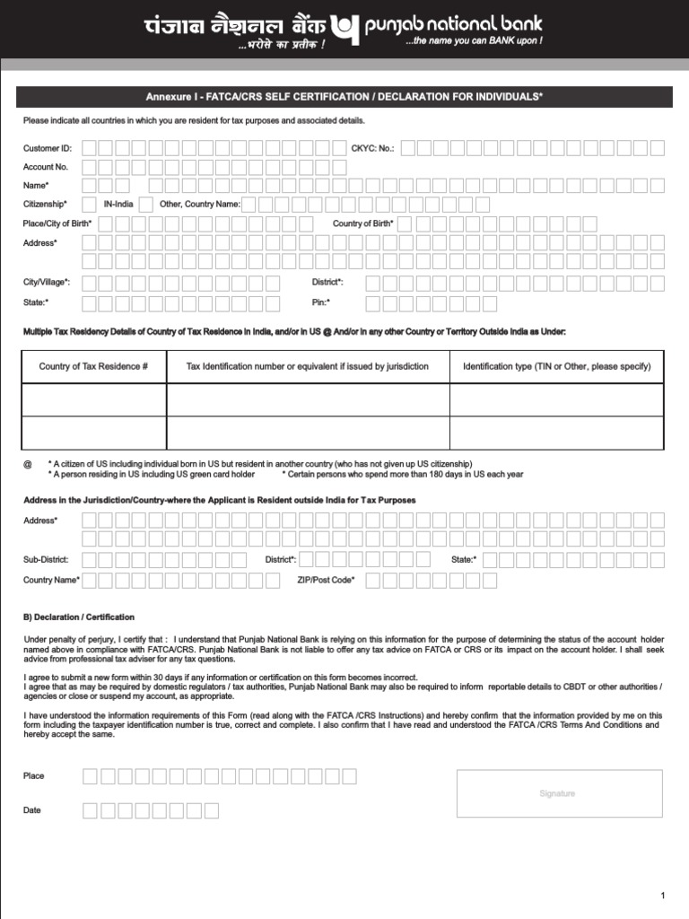 PNB Tax Residency Self-Declaration Form | PDF