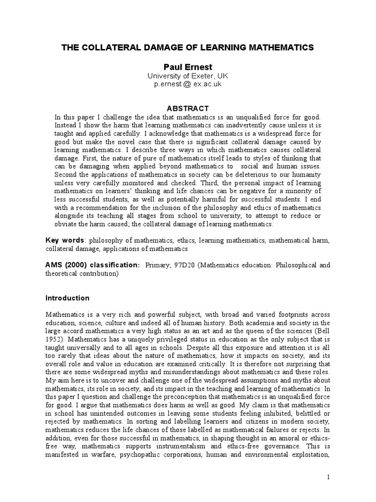Ernest The Collateral Damage of Learning Mathematics | PDF