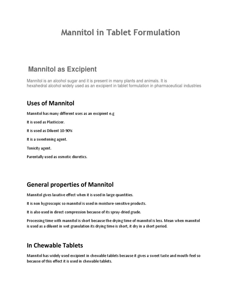 Mannitol in Tablet Formulation | PDF