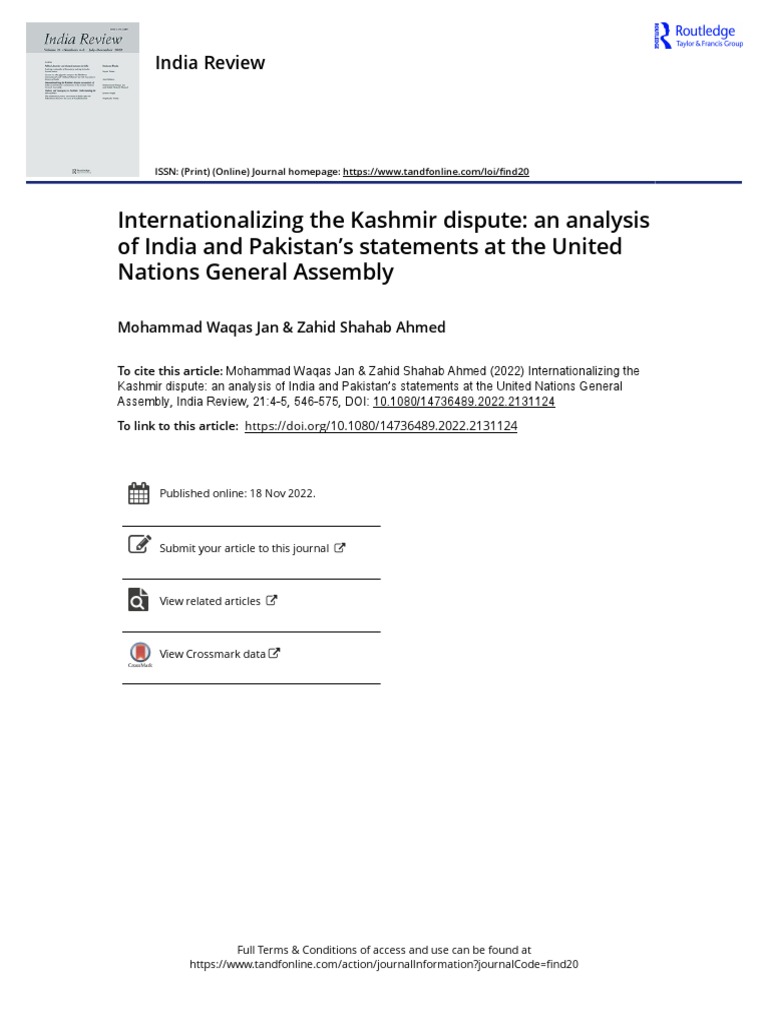 Internationalizing The Kashmir Dispute An Analysis of India and Pakistan S Statements at The ...