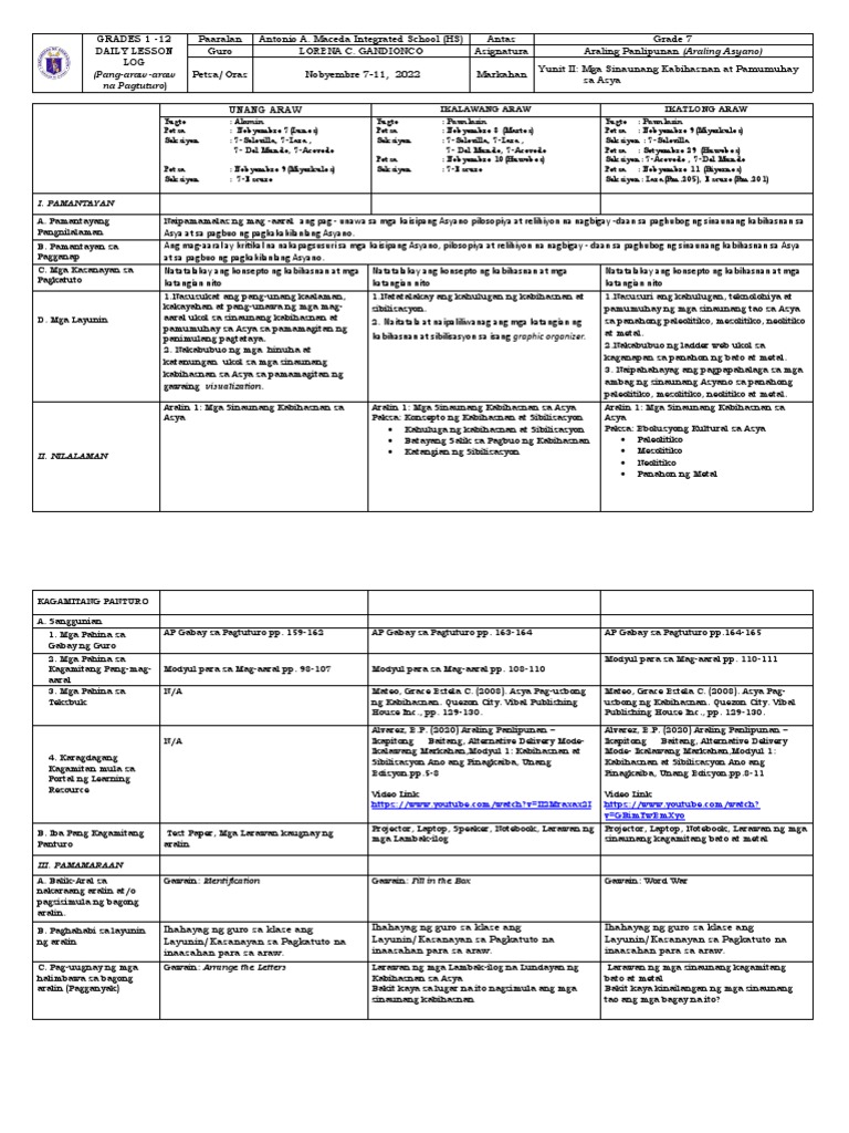 Lesson Plan Sinaunang Kabihasnan Sa Asya | PDF