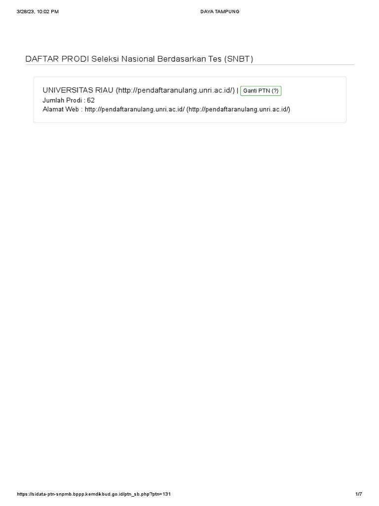 Jurusan Unri Dan Daya Tampung 2023 | PDF