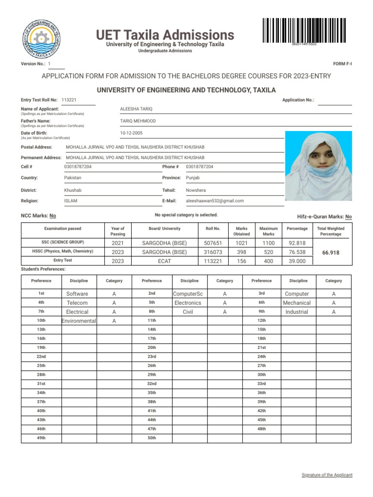 UET Taxila Admissions: Application Form For Admission To The Bachelors Degree Courses For 2023 ...