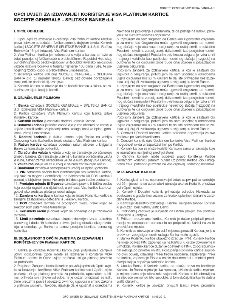 Opći Uvjeti Za Izdavanje I Korištenje Visa Platinum Kartice Societe Generale - Splitske Banke D ...