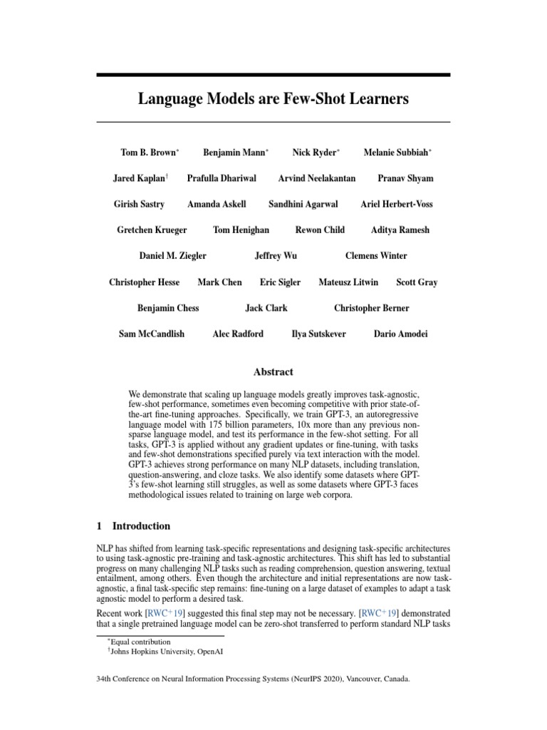 NeurIPS 2020 Language Models Are Few Shot Learners Paper | PDF | Bias | Stereotypes