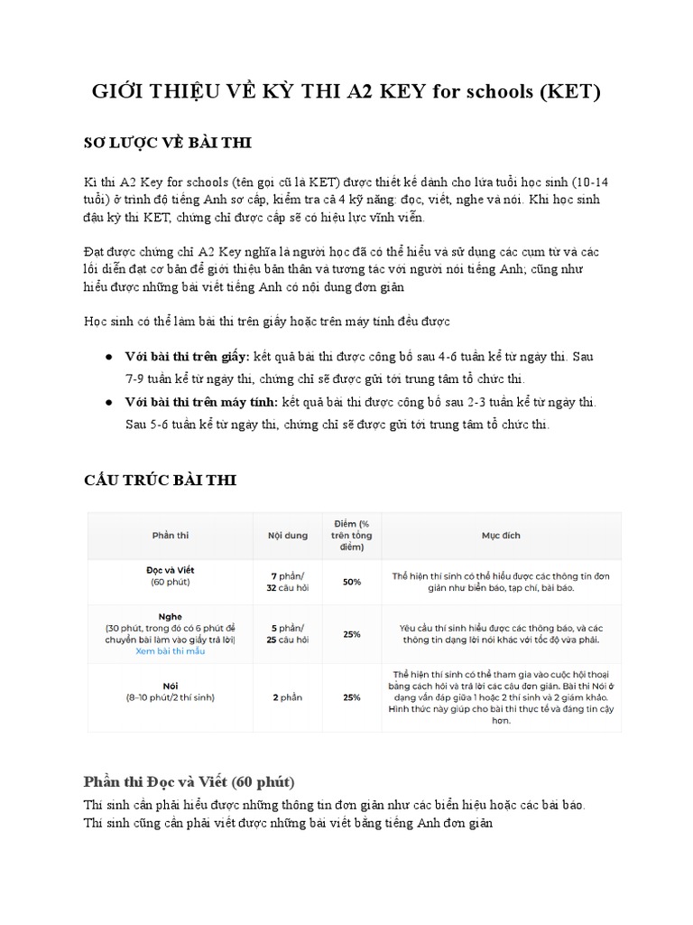 KET (A2 Key For Schools) Info | PDF