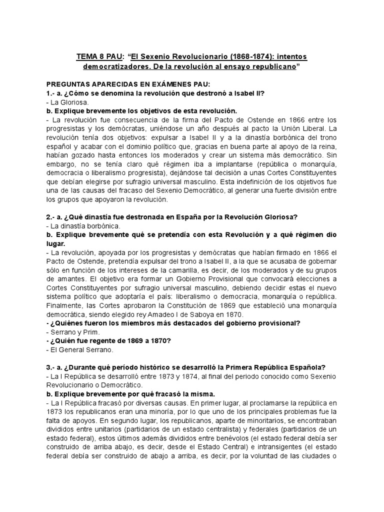 TEMA 8 PAU: "El Sexenio Revolucionario (1868-1874) : Intentos Democratizadores. de La Revolución ...