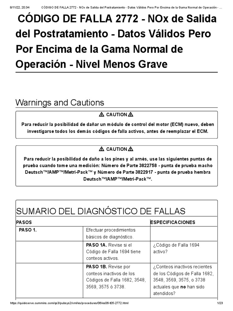 CÓDIGO DE FALLA 2772 - NOx de Salida Del Postratamiento - Datos Válidos Pero Por Encima de La ...