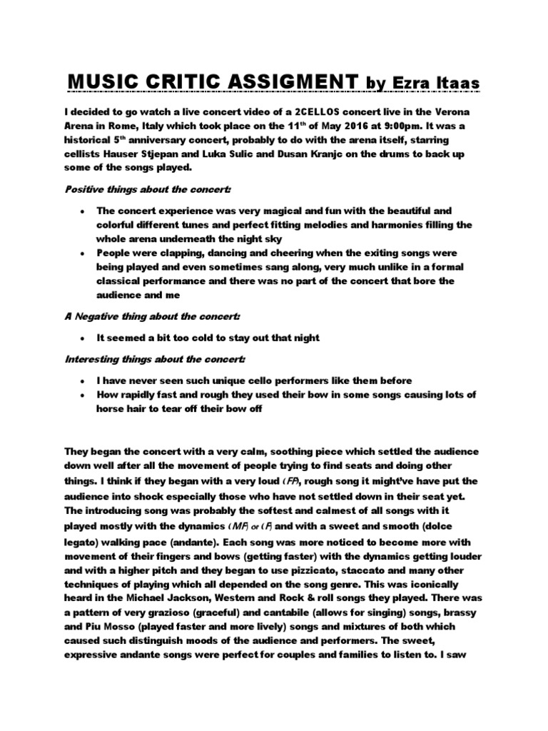 Music Critic 2CELLOS Assignment by Ezra Itaas | PDF
