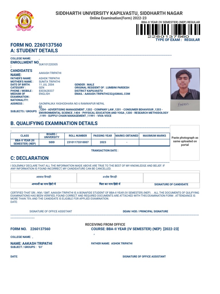 FORM NO. 2260137560 A: Student Details: Siddharth University Kapilvastu ...