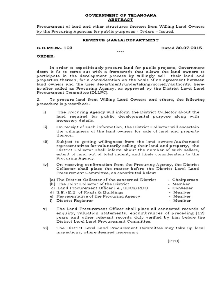 Telangana GO Land Procurement | PDF | Property | Civil Law (Common Law)