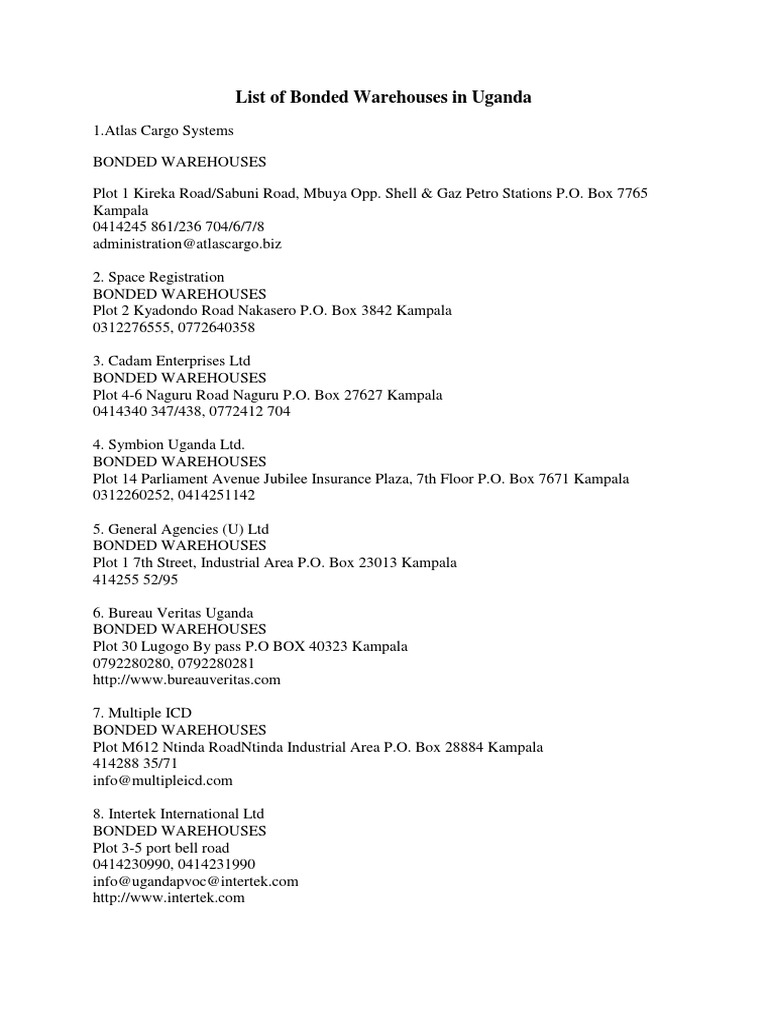 List of Bonded Warehouses in Uganda | PDF | Supply Chain Management ...