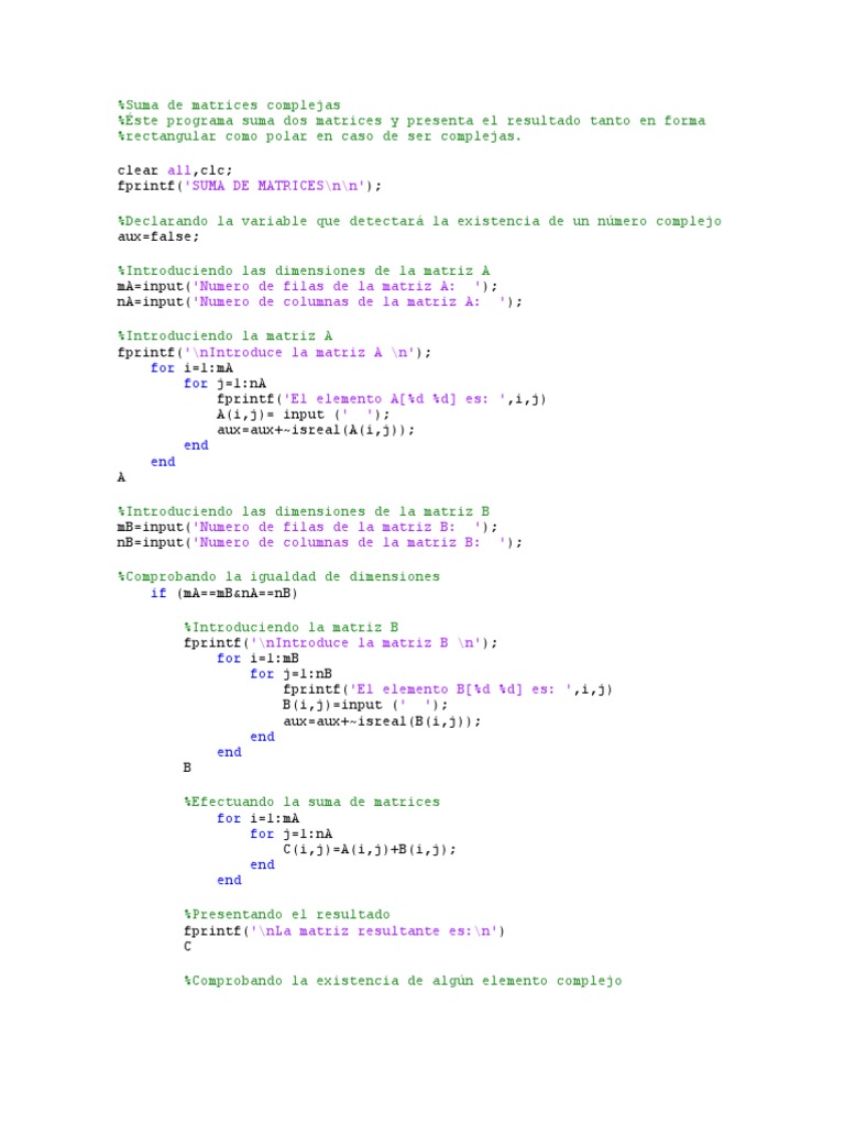 Suma de Matrices Complejas MATLAB | PDF | Métodos y materiales de ...
