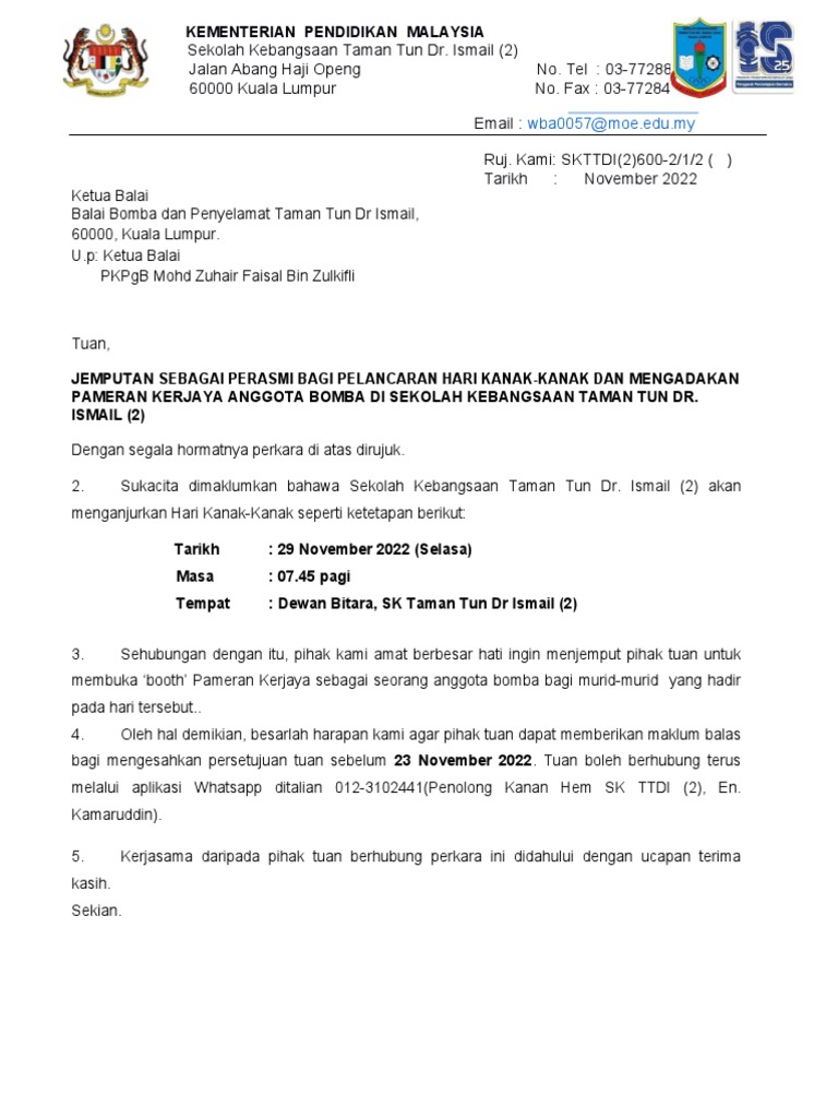 Surat Jemputan Bomba Hari Kanak-Kanak | PDF