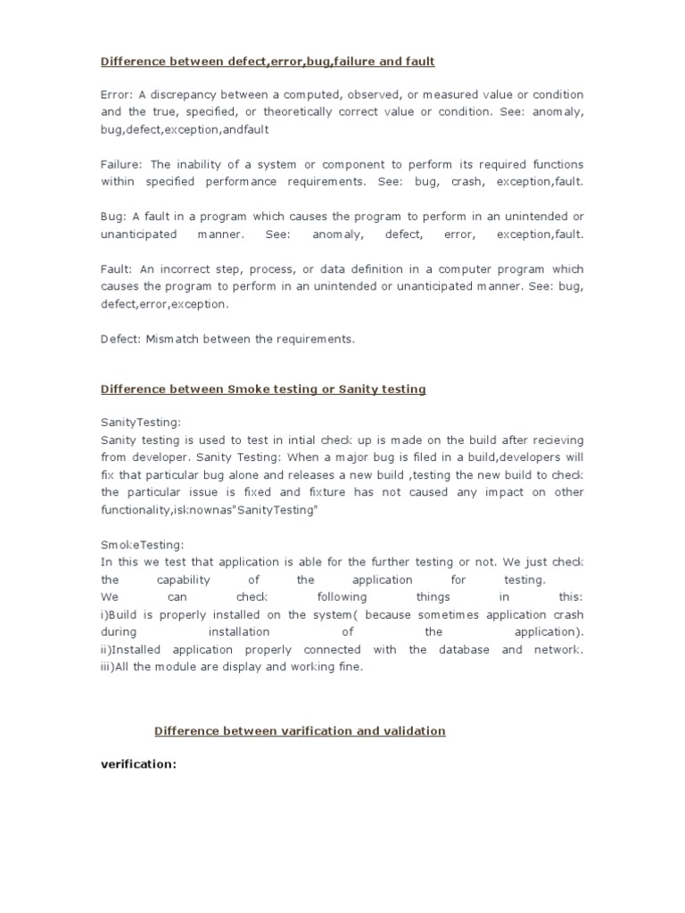 Difference Between Defect, Error, Bug, Failure and Fault: Verification ...