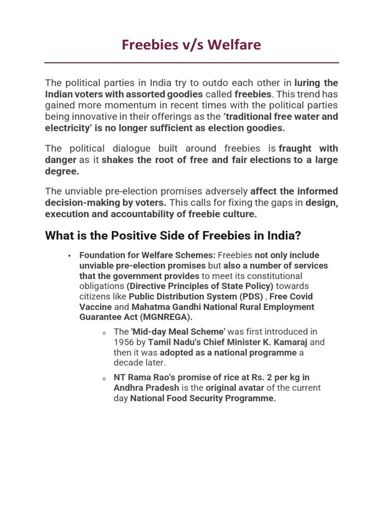 Freebies Vs Welfare PDF | PDF | Goods | Subsidy