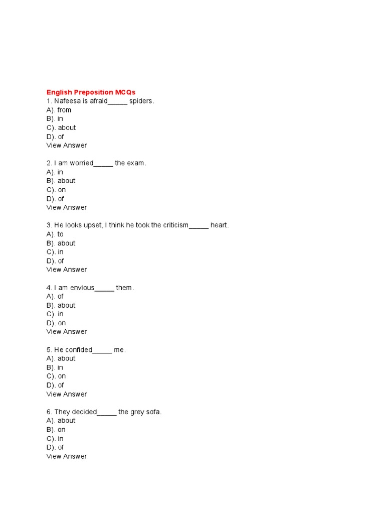 English Preposition MCQs: Practice Questions | PDF