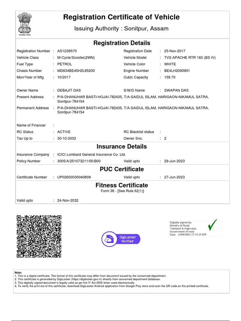 Registration Details and Ownership Records for a 2017 TVS Apache RTR 160 Scooter Registered in ...