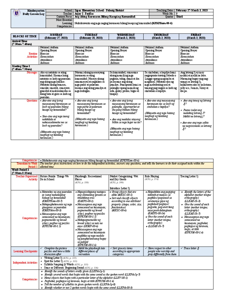 Kindergarten Daily Lesson Log | PDF