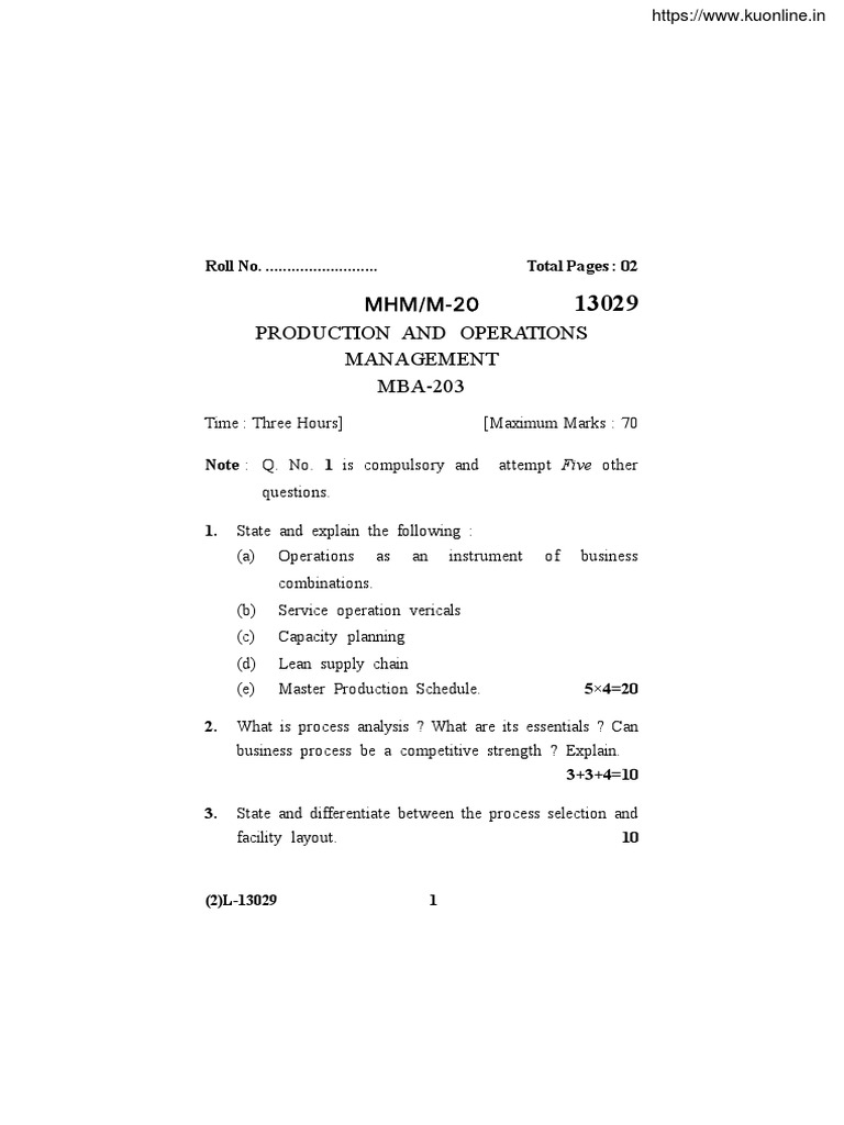 Mba 2 Sem General Production and Operations 13029 2020 | PDF