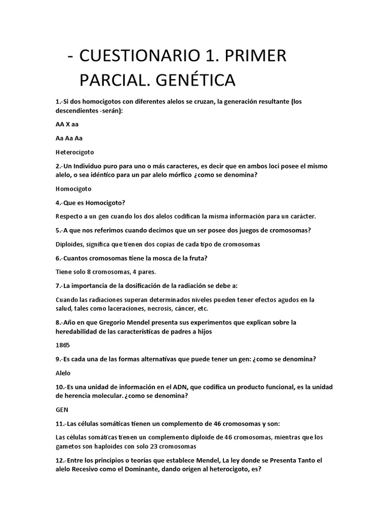 Cuestionario Genética | PDF | Mitosis | Alelo