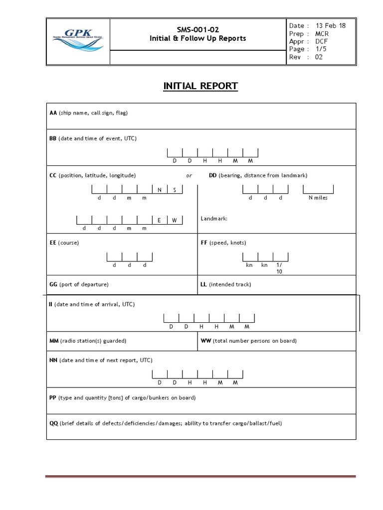 SMS-001-02 - Initial & Follow Up Reports | PDF | Ships | Watercraft