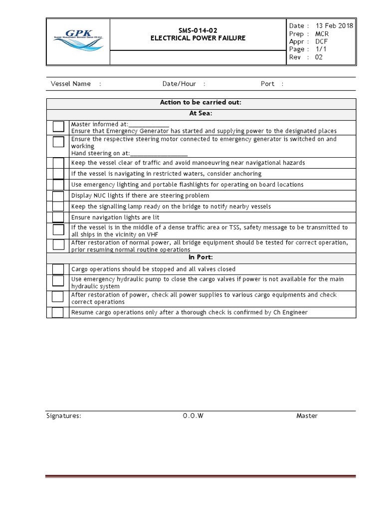 SMS-014-02 - Electrical Power Failure | PDF
