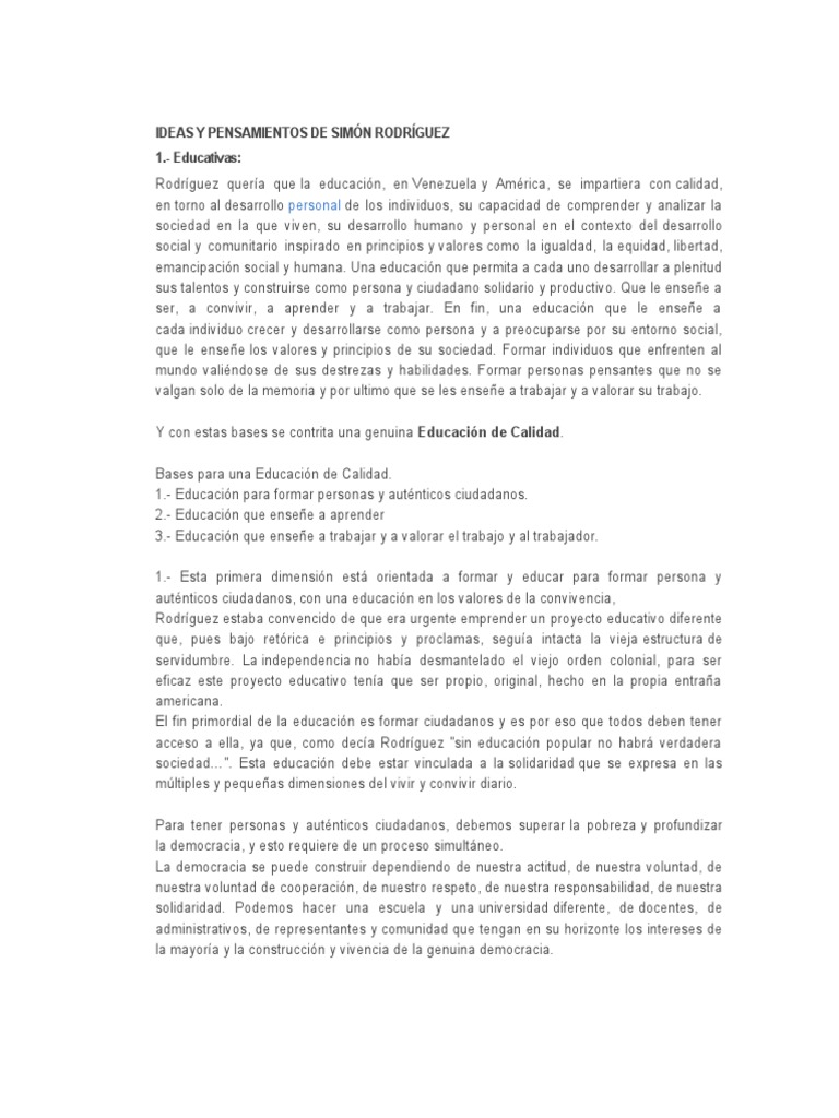 Ideas y Pensamientos de Simón Rodríguez | PDF | Aprendizaje | Enseñando