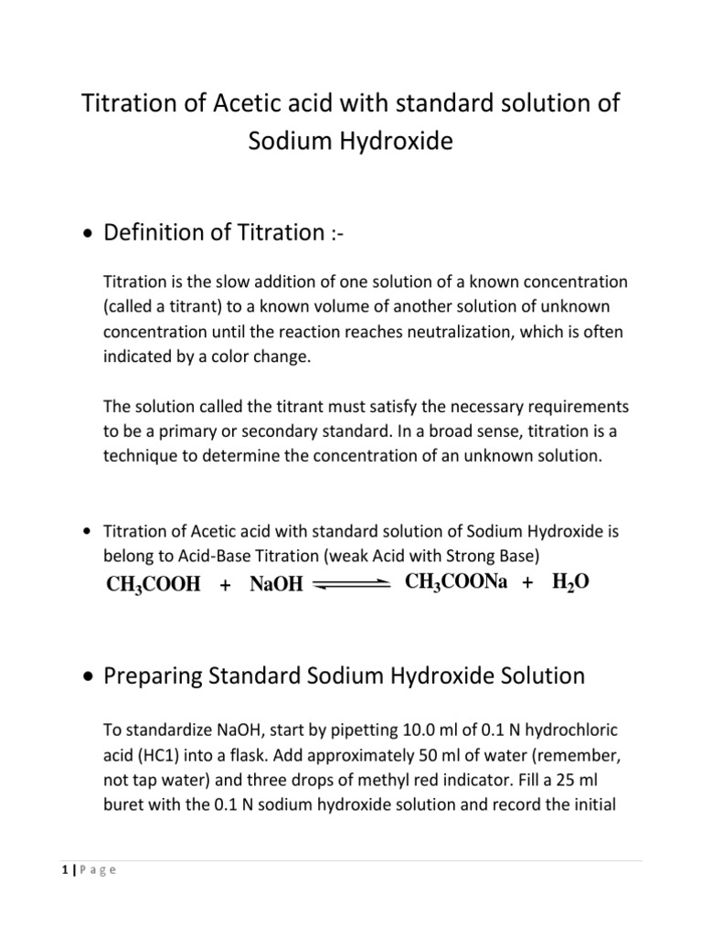 Titration of Acetic Acid With Standard Solution of Sodium Hydroxide ...