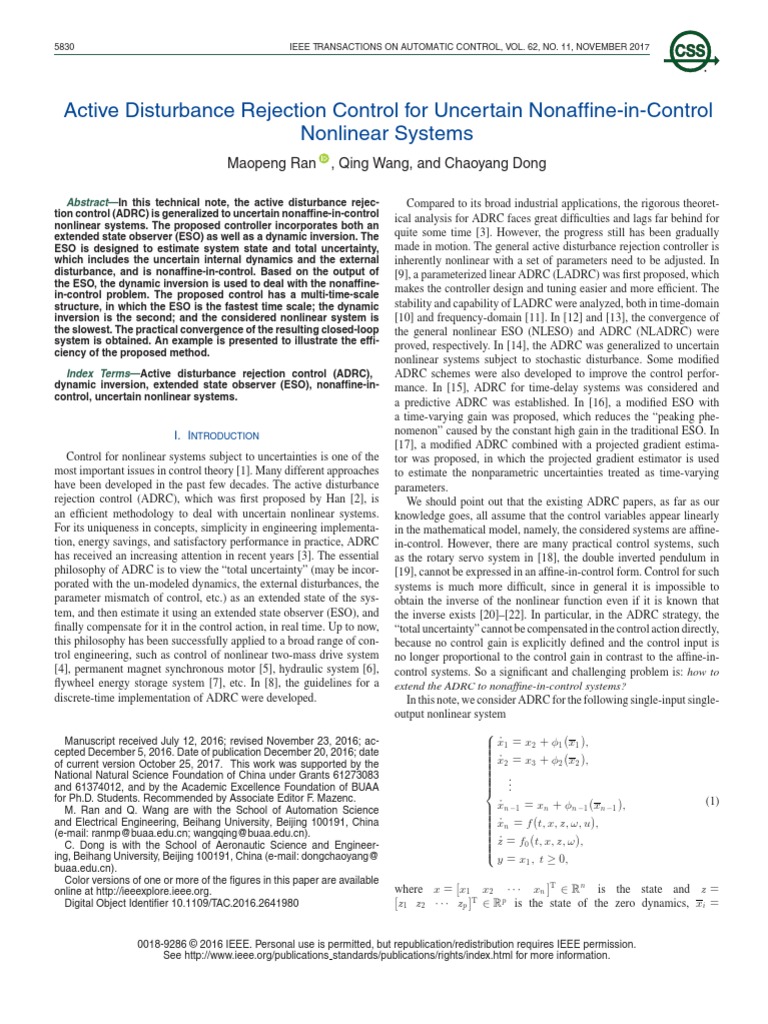 (2017 TAC) Active Disturbance Rejection Control For Uncertain Nonaffine in Control Nonlinear ...