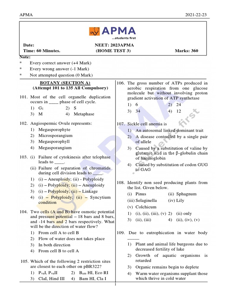 APMA 2021 NEET Home Test 3 | PDF | Dna | Biology