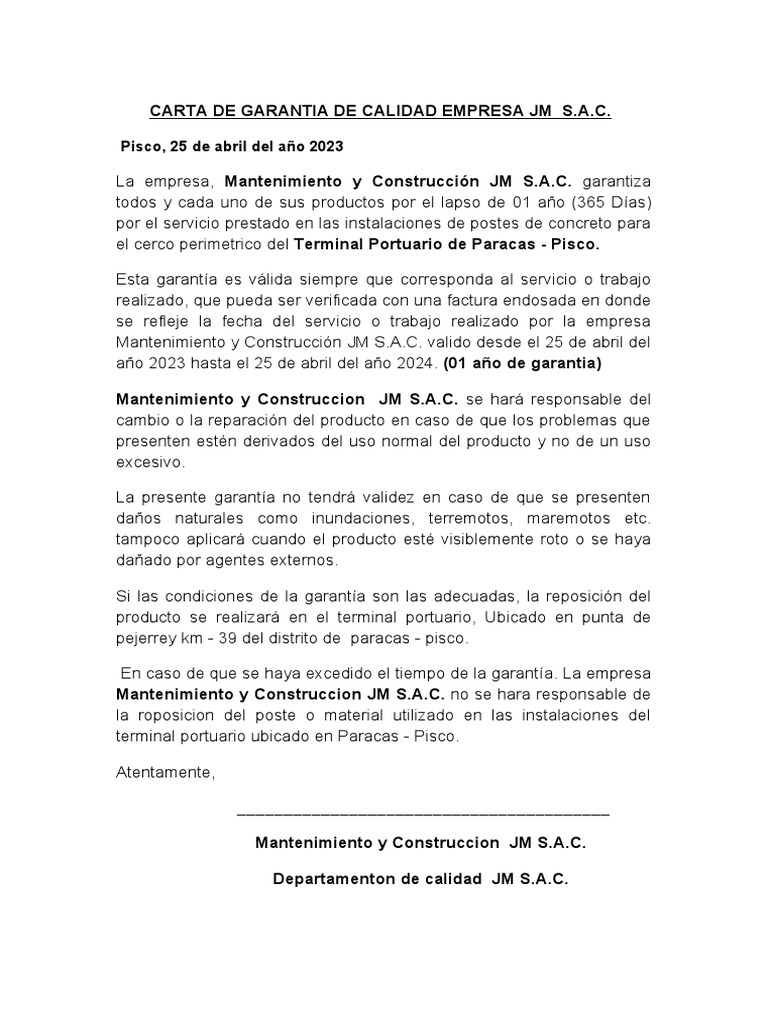 Carta de Garantia de Calidad Empresa JM S.A.C. | PDF