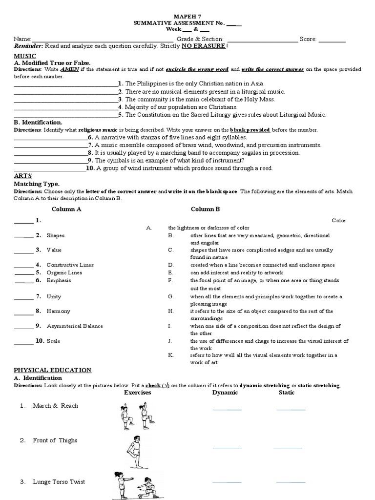 MAPEH 7 Week 3 Assessment Guide | PDF
