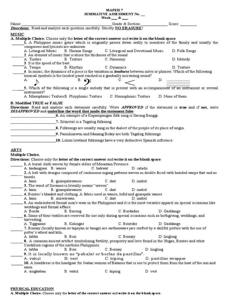 Q1 Week 1-2 - MAPEH 7 - SUMMATIVE ASSESSMENT 2020-2021 | Download Free ...
