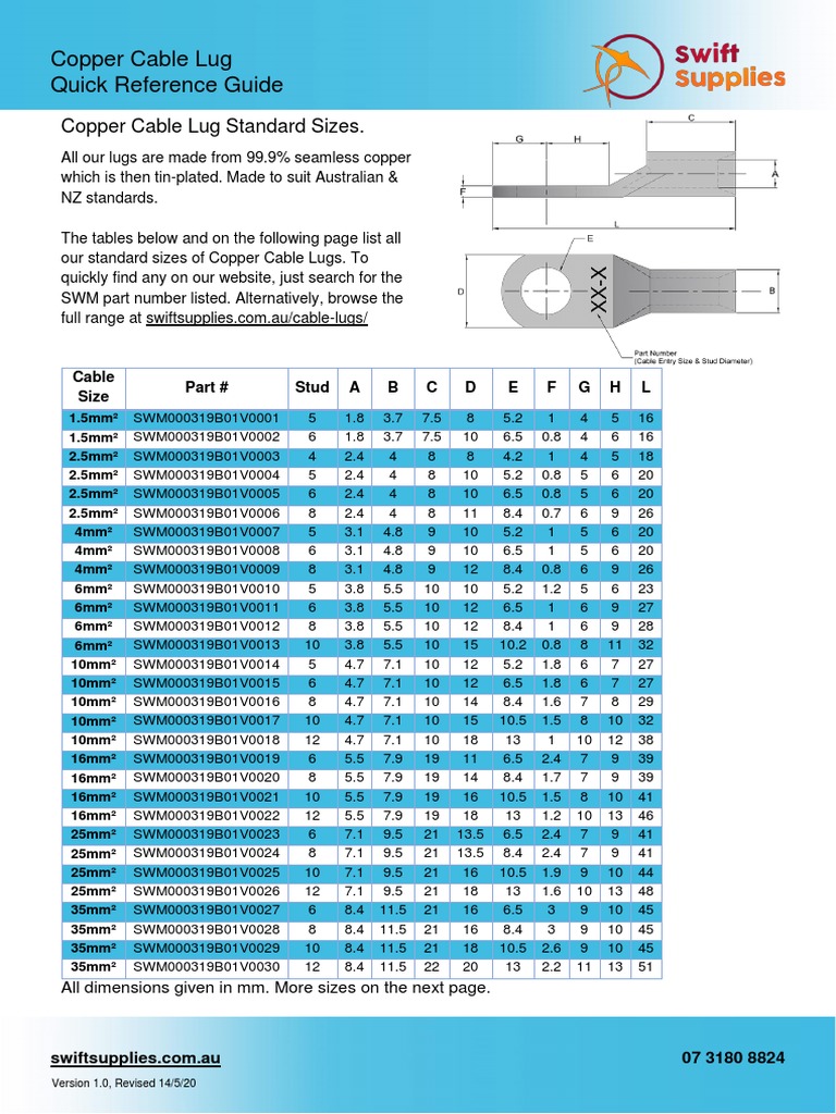 Copper Cable Lugs Quick Reference Guide 3k9 | PDF | Manufactured Goods