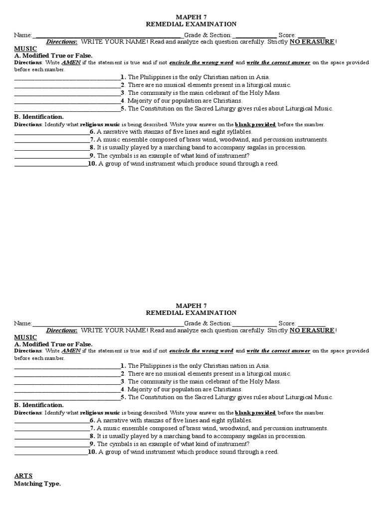 REMEDIAL - Q1 Week 3-4 - MAPEH 7 - SUMMATIVE ASSESSMENT 2020-2021 | PDF ...