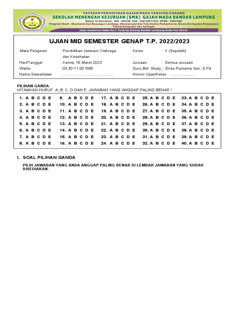 Soal Ujian Mid PJOK | PDF