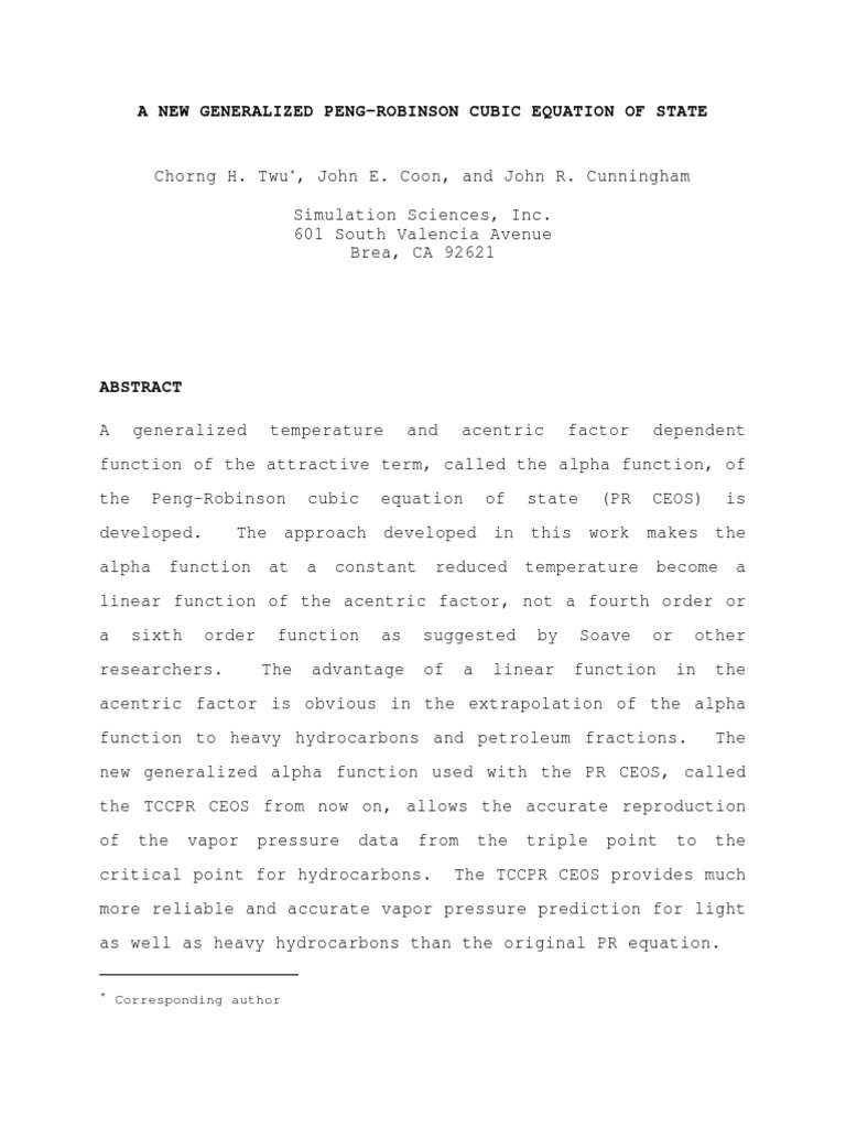 A New Generalized Alpha Function For A Cubic Equation of State | PDF