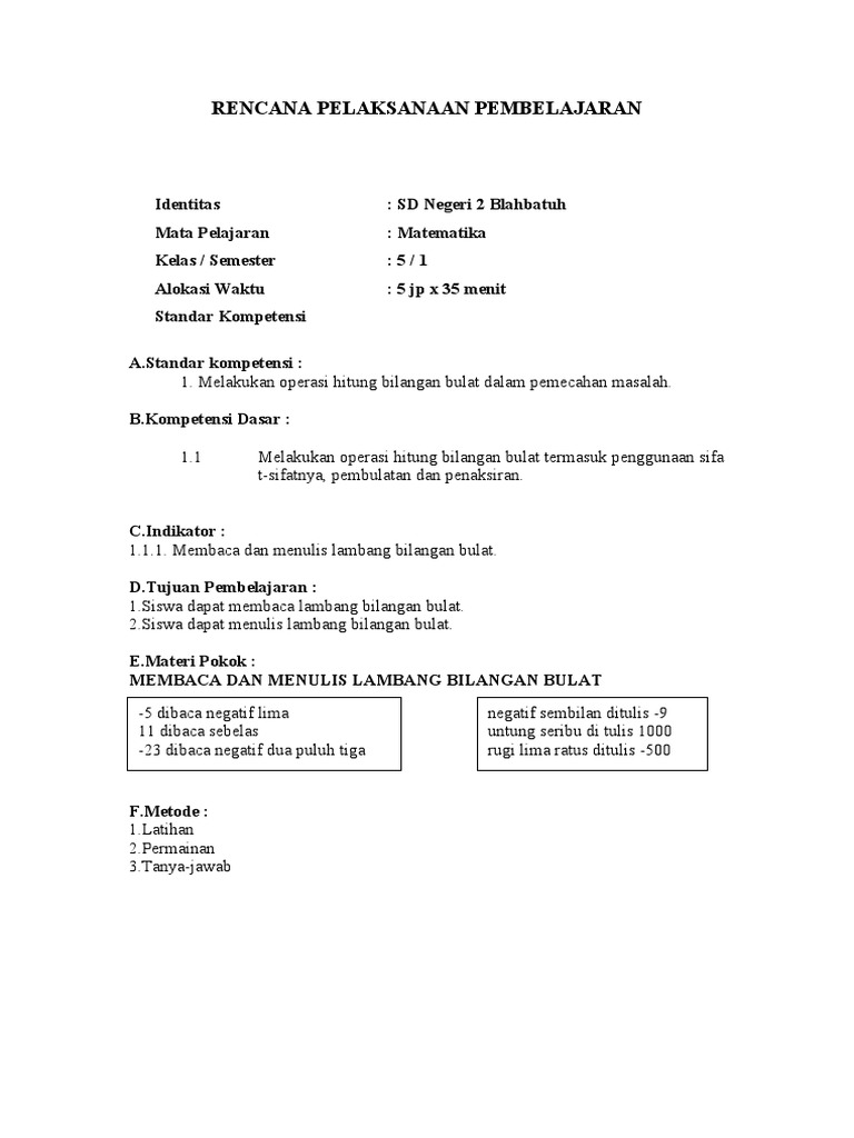 RPP Matematika Kelas V Semester 1 | PDF