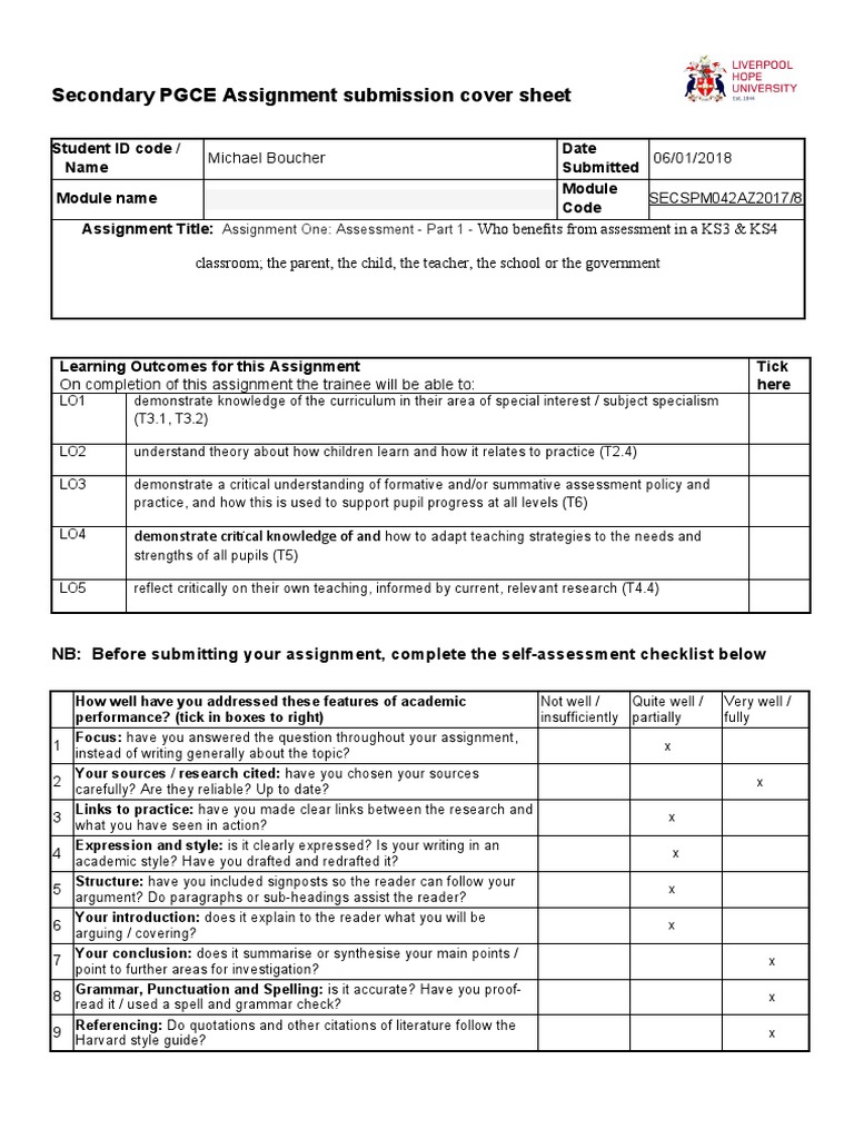 Assignment Submission Cover Sheet Sec PGCE | PDF | Educational Assessment | Pedagogy