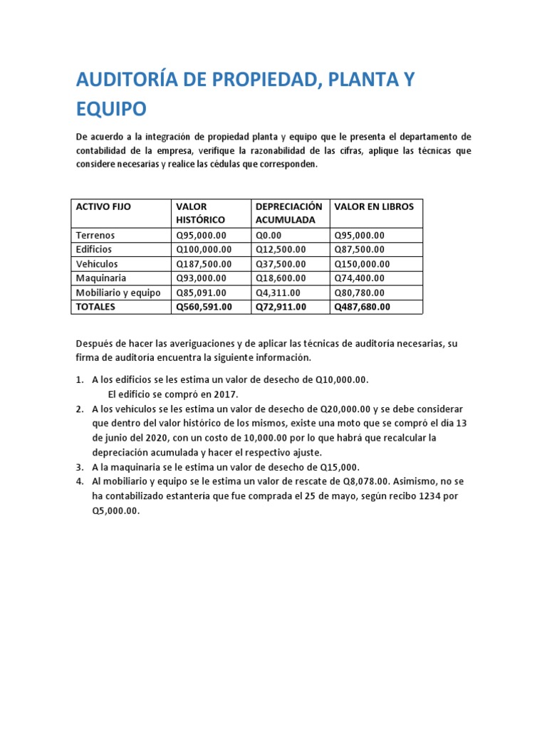 Auditoría de Propiedad, Planta Y Equipo: Activo Fijo Valor Histórico ...