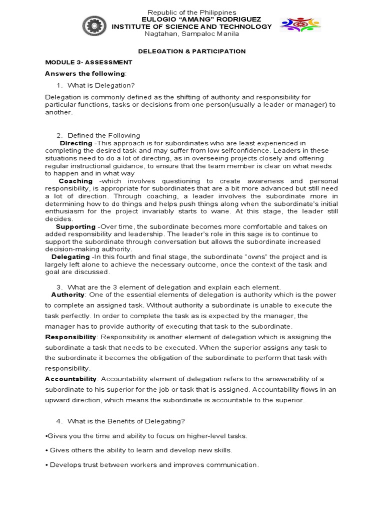 Delegation & Participation Module 3- Assessment: A Comprehensive Guide to the Principles and ...