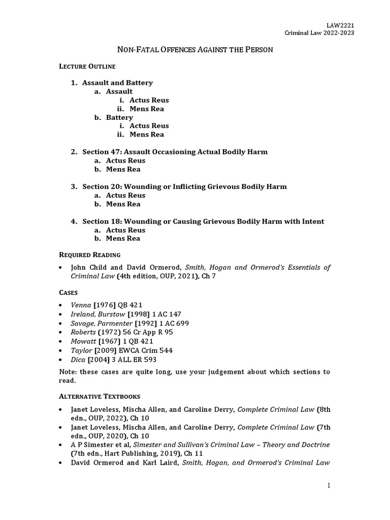 3&4.lecture Notes - Non-Fatal Offences Against The Person | PDF ...