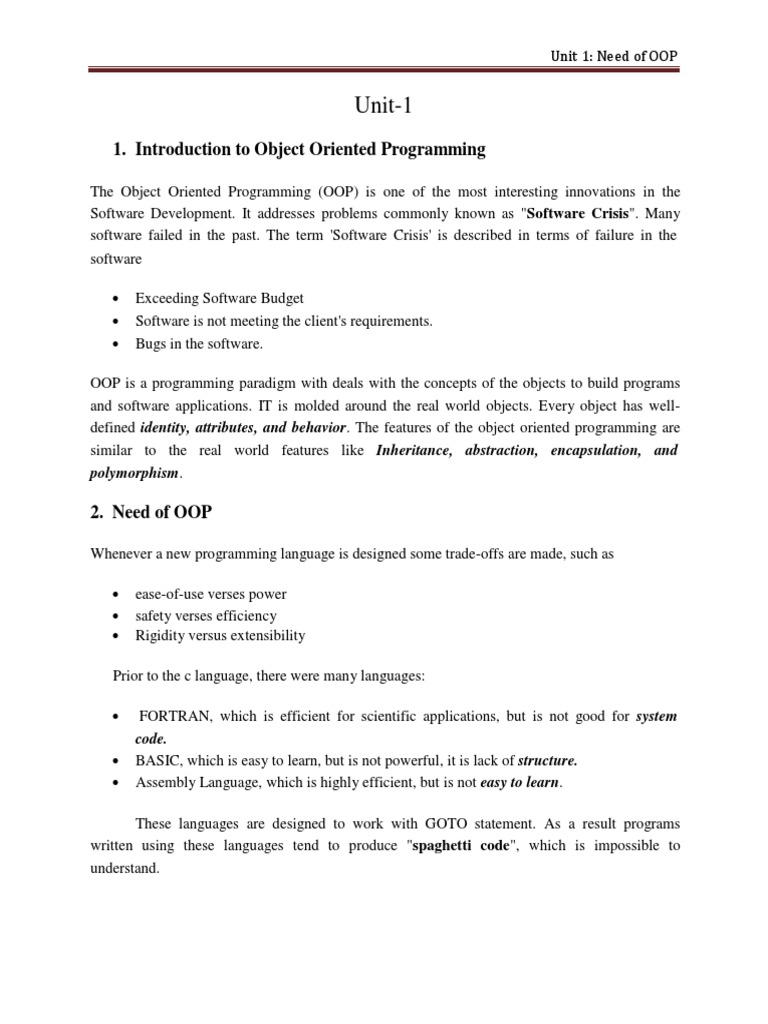 Unit 1 1 Introduction To Object Oriented Programming Pdf Class Computer Programming