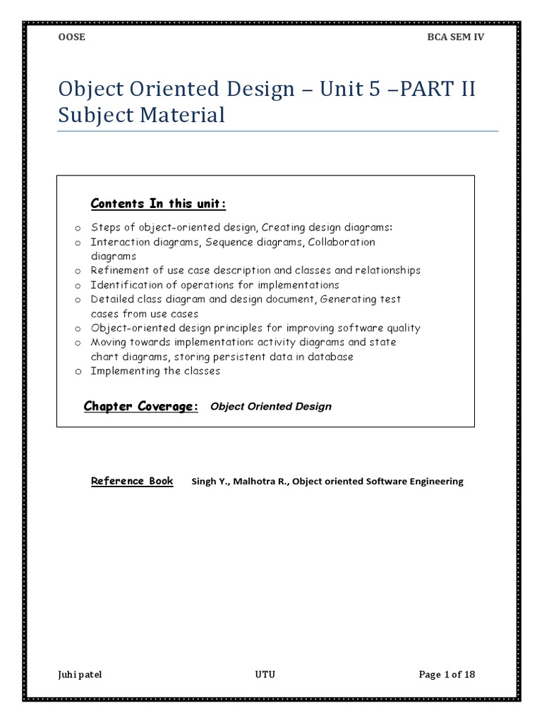 Object Oriented Design - Unit 5 - PART II Subject Material: Contents in ...