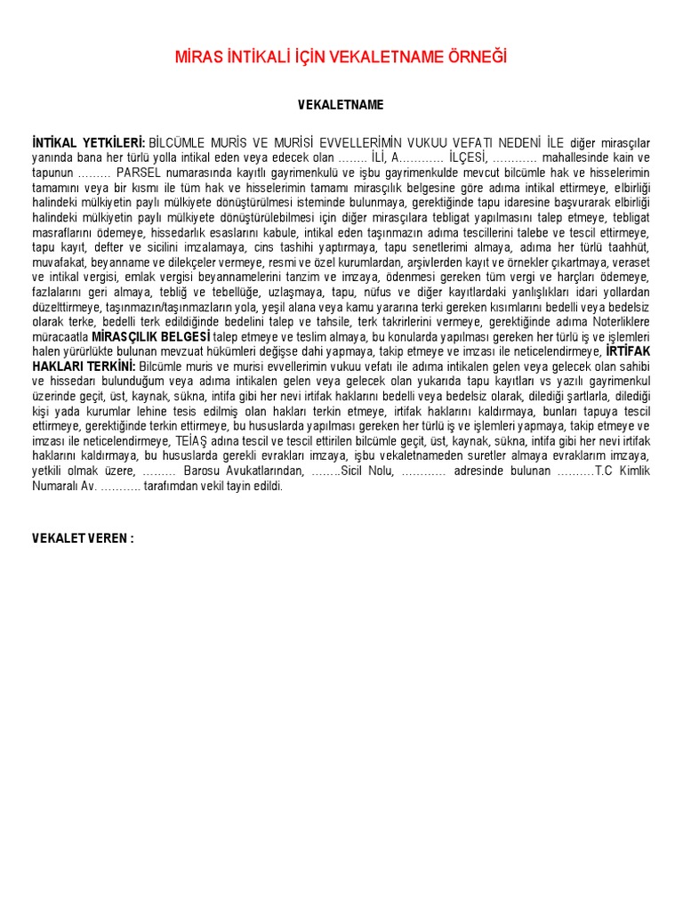 Miras Intikali Icin Vekaletname Ornegi | PDF