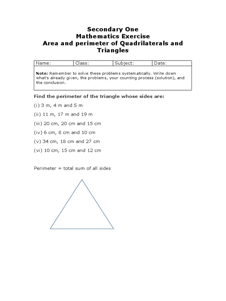 S1 Math Evaluation Exercises 1 Area Perimeter | PDF | Area | Triangle
