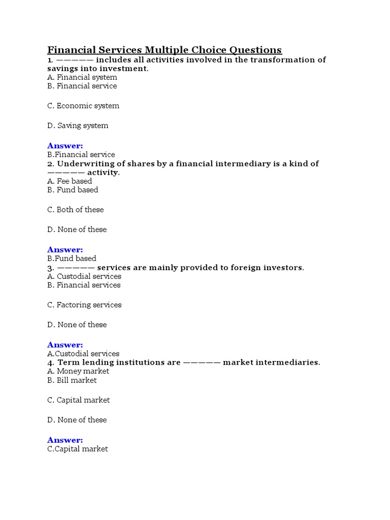 MARKETING FINANCIAL SERVICES Mcqs | PDF | Investment Fund | Factoring ...